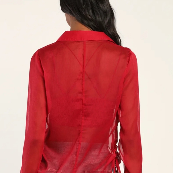 Lulus | Tops | Lulus Red Sheer Blouse With Cinched Sides | Poshmark